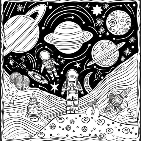 Premium Photo A Black And White Drawing Of A Space Scene With Planets