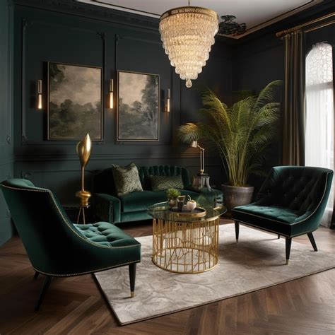 A Living Room With Green Velvet Chairs And A Gold Coffee Table