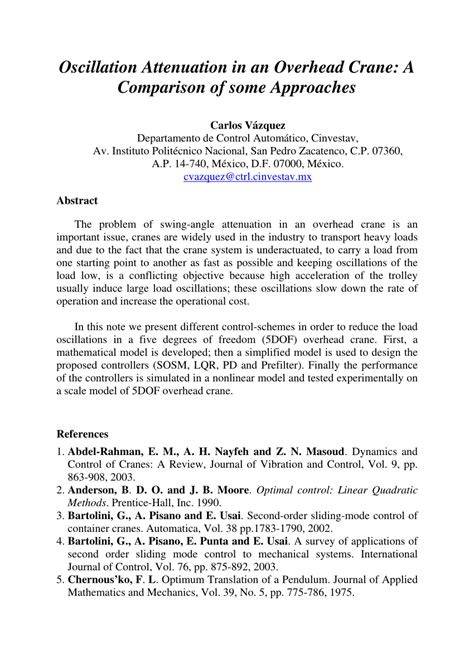 Pdf Oscillation Attenuation In An Overhead Crane Comparison Of Some Approaches