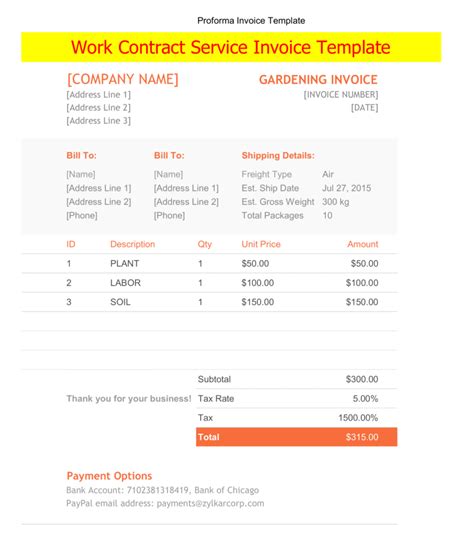 Download Work Contract Service Invoice Template In Excel Sheet