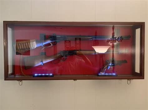 Gun Display Case Double 45 Walnut Led Light Red Cabinet Rifle Shotgun