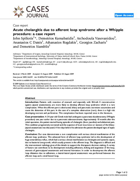 Pdf Acute Cholangitis Due To Afferent Loop Syndrome After A Whipple Procedure A Case Report
