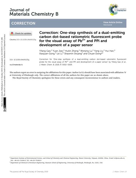 Pdf Correction One Step Synthesis Of A Dual Emitting Carbon Dot Based Ratiometric Fluorescent