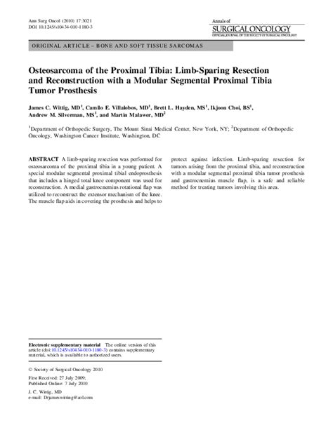 Pdf Osteosarcoma Of The Proximal Tibia Limb Sparing Resection And