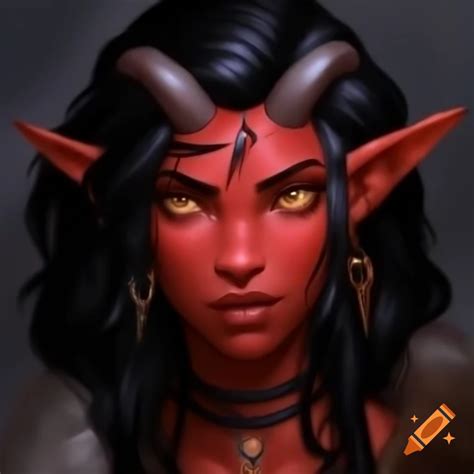 Portrait Of Female Tiefling With Red Skin Horns Heterochromia And