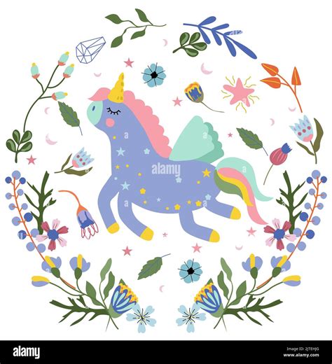 Bright Composition With Cute Unicorn In Wreath Bright Flowers And