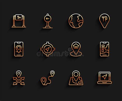 Set Line Location Route Location Road Traffic Sign Folded Map With Marker Laptop Compass