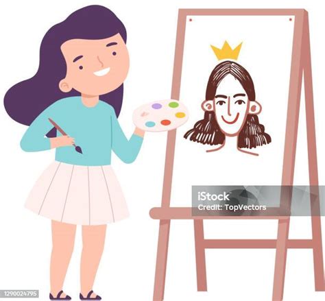 팔레트와 브러시와 캔버스에 사랑스러운 소녀 그림 공주 페인트 만화 스타일 벡터 일러스트와 그림 이젤에 작은 예술가 캐릭터 독일에