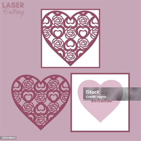 브로셔 결혼식 초대장 또는 발렌타인 데이 인사말 카드에 대한 장미와 마음 패턴 하트 접이식 카드의 레이저 컷 템플릿 결혼식에