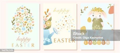 귀여운 토끼 캐릭터 색깔의 달걀 꽃 녹색 잎 및 따옴표가있는 부활절 엽서 세트 소셜 미디어 게시물 전단지 초대장 포스터 엽서 아이들을 위한 디자인을 위한 다채로운 벡터