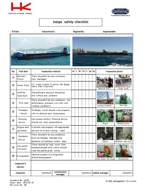 Barge Safety Checklist Pjtsite Subcontractor Registerno