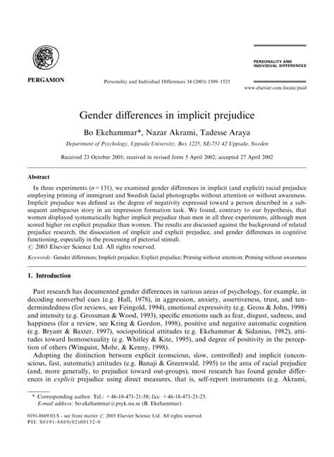 Pdf Gender Differences In Implicit Prejudice