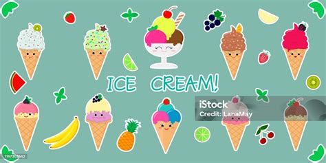 녹색 배경과 텍스트에 흰색 스트로크에 와플 컵과 육즙 과일에 10 아이스크림 귀여운 귀 엽 다 캐릭터 스마일 스티커의 컬렉션을