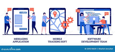 Messaging Application Mobile Tracking Soft Software Development Team Concept With Tiny People