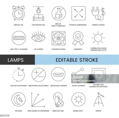 램프 포장 기술 사양 그림 서비스 수명 및 실내 사용 물리적 치수 및 독성 화학 물질 없음 Usb 충전기에 대한 벡터의 선 아이콘 세트 편집 가능한 획 Usb 케이블에 대한