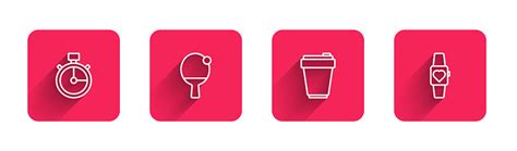 세트 라인 스톱워치 라켓과 볼 피트니스 셰이커 스마트워치와 긴 그림자 빨간색 사각형 버튼입니다 벡터 0명에 대한 스톡 벡터 아트