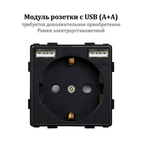 Розетка модуль без рамки электрическая с 2 Usb Type A Typea с заземлением Etalis Черная под
