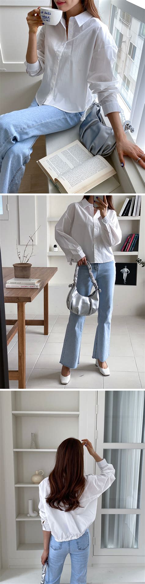 여자 민무늬 드로우코드 흰색 미니멀리즘 Ss 카라넥 언발 셔츠