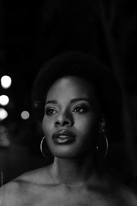Black And White Portrait Of Beautiful Woman With Afro Hair In The