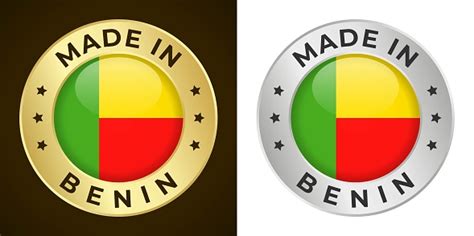 Made In Benin 벡터 그래픽 둥근 금색과 은색 라벨 배지 엠블럼은 베냉의 국기와 베냉에서 만든 텍스트로 설정됩니다 흰색과 어두운 배경에 고립됨 3차원 형태에 대한
