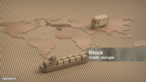 골판지로 만든 비행기 선박 트럭 및 세계지도 골판지로 만든 세계지도 3d 그림 종이 디스플레이에 대한 스톡 사진 및 기타 이미지