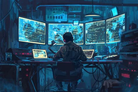 A Hacker Focuses Intently On Multiple Screens In A Dimly Lit Room