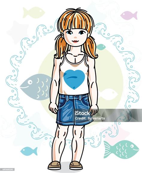 바다와 물고기와 바다 배경에 서 캐주얼 옷에 작은 빨간 머리 소녀 귀여운 아이 유아 벡터 꽤 좋은 인간의 그림입니다 고등학교 이하에 대한 스톡 벡터 아트 및 기타 이미지