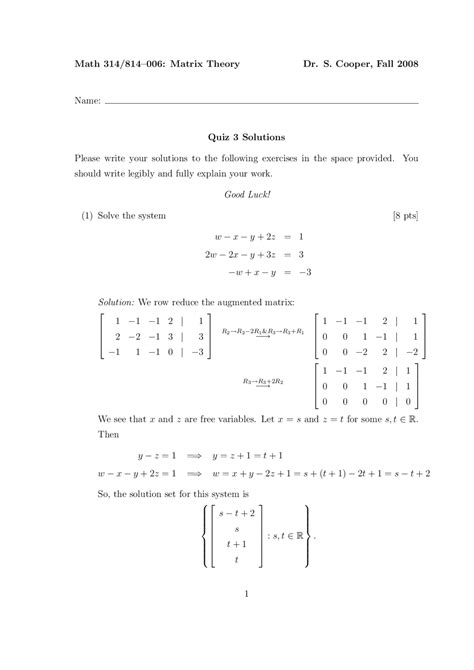 Quiz 3 With Solutions Applied Linear Algebra Matrix Theory Math 314 Docsity