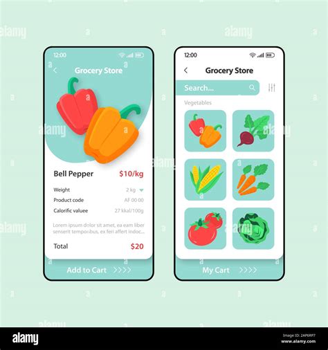 Grocery Store Smartphone Interface Vector Template Set Mobile App Page Turquoise And White