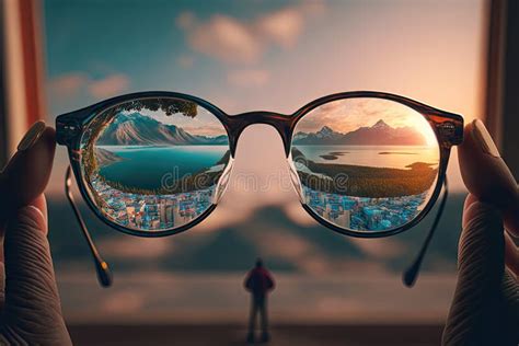 A Person Putting On Their Eyeglasses With A View Of The World In