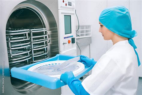 Autoclaving Sterilization Of Medical Instruments Nurse Loading A Tray Of Instruments Into An