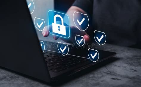 woman use laptop with hologram interface to protect data information