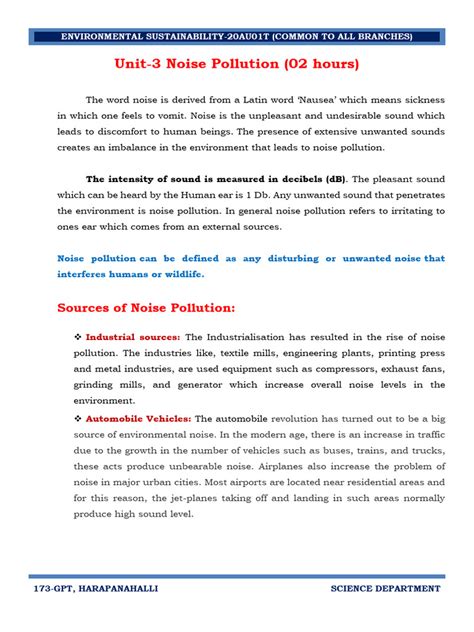 Evs Unit 3 Noise Pollution Pdf Decibel Noise