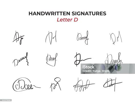 손으로 쓴 사인 문자 D가 있는 가상의 세트 가짜 손으로 그린 디자인 개인 계약서 서명 비즈니스 인증서 또는 메모에 대한 낙서 벡터 낙서 고립 그림 1 의 26 0명에 대한