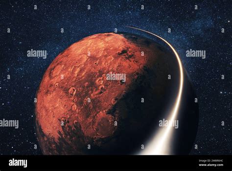Space Shuttle Rocket Flies With Blasts And A Light Line Around The Red Planet Mars With Stars