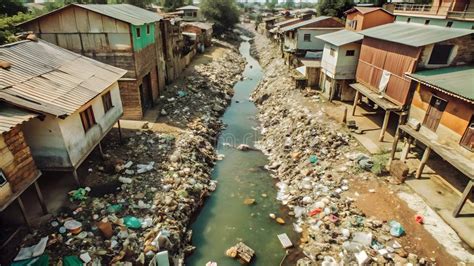 Urban Slum Scene With Polluted Canal In Dense Settlement Highlighting