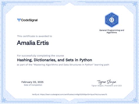 Course Certificate For Hashing Dictionaries And Sets In Python