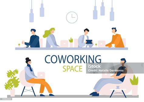 공동 작업 공간 플랫 벡터 그림입니다 사무실 직장 팀워크 및 협력 동료 동료 사무실 관리자는 흰색 배경에 고립 된 얼굴없는 문자를 함께 작업합니다 개념에 대한 스톡 벡터