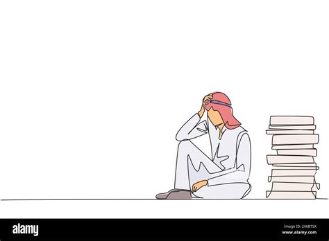 Continuous One Line Drawing Arabian Businessman Sitting Near Piles Of Work Files Too Much Work