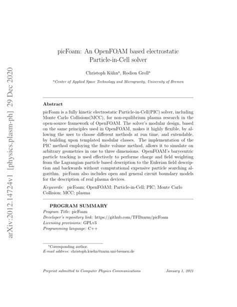 pdf picfoam an openfoam based electrostatic particle in cell solver