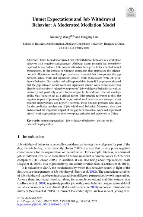 Pdf Unmet Expectations And Job Withdrawal Behavior A Moderated Mediation Model