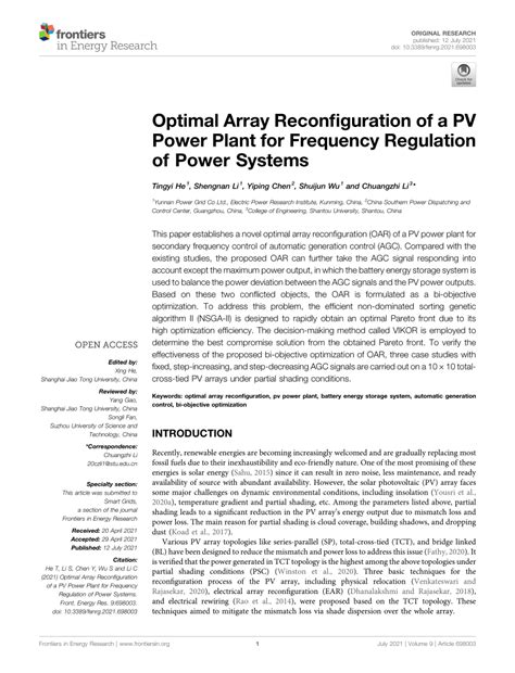 Pdf Optimal Array Reconfiguration Of A Pv Power Plant For Frequency