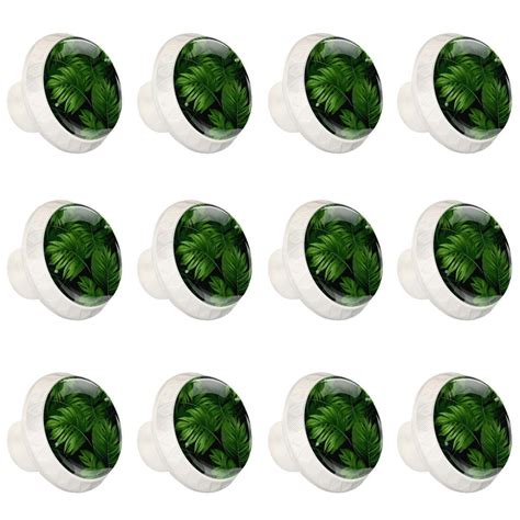 Tropical Jungle Palm Leaf 12 Pcs White Round Drawer Pulls With Screwsabs And Glass Cabinet