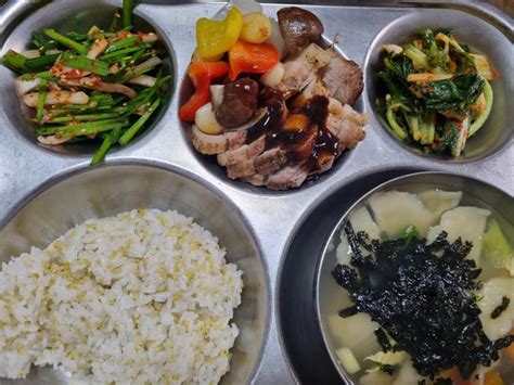 7월9일 기자밥만두국통삼겹스테이크통마늘야채구이부추양파무침열무김치 급식 소식 서령중학교