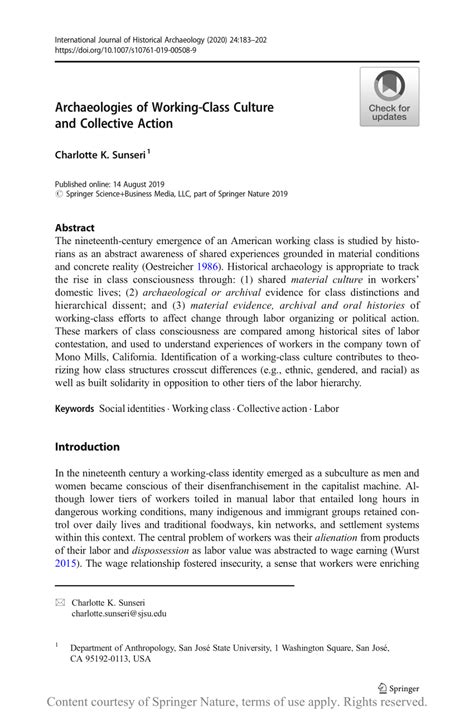 Archaeologies Of Working Class Culture And Collective Action