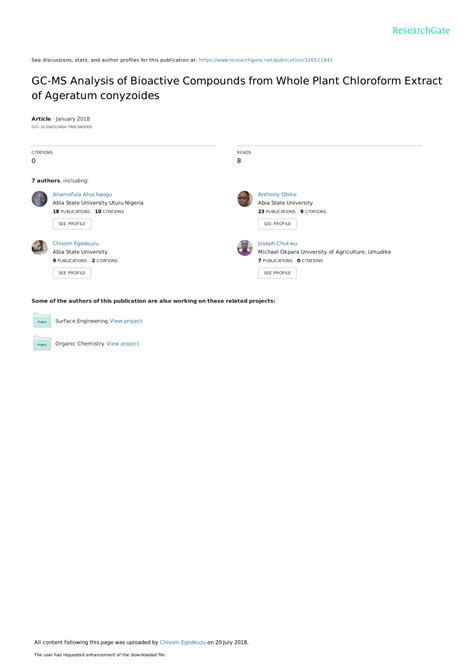 Pdf Gc Ms Analysis Of Bioactive Compounds From Whole Plant Chloroform Extract Of Ageratum