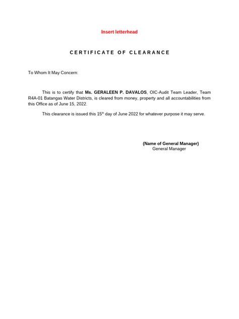 Clearance Template Pdf