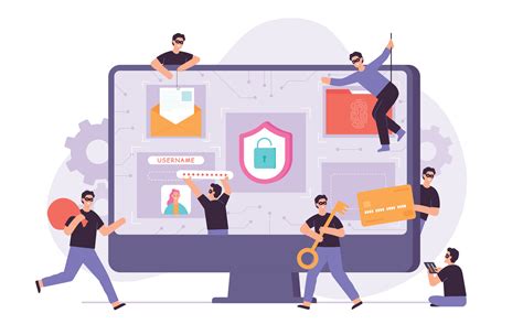 Criminal And Thief Hacking Computer And Stealing Data And Money Tiny Hacker Flat Characters