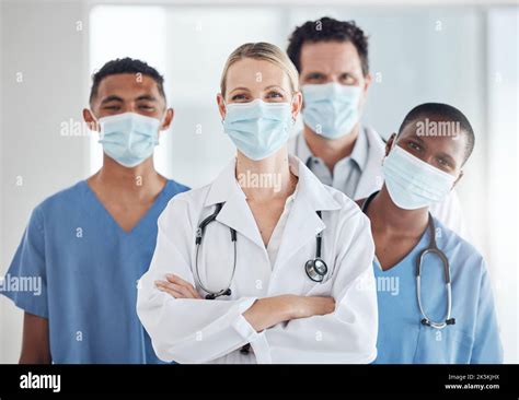 Covid 19 Face Mask And Woman Doctor With Nurses Teamwork In Hospital