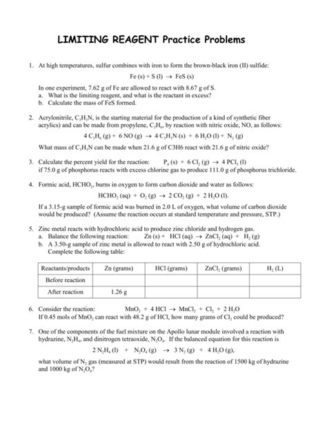 Limiting Reagent Practice Problems Chemistry Stoichiometry